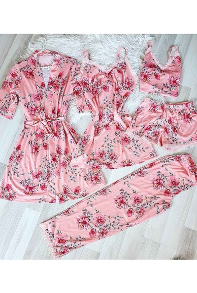 Çeyize Dair Herşey Somon Çiçekli Sabahlıklı Şortlu 5 Li Süprem Penye Pijama Seti Çeyize Dair Herşey Somon Çiçekli Sabahlıklı Şortlu 5 Li Süprem Penye Pijama Seti