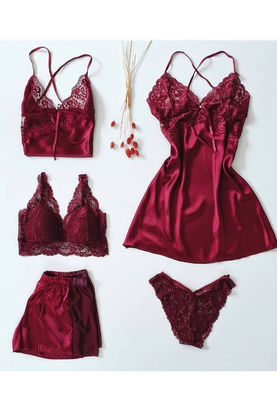 Çeyize Dair Herşey Bordo 5 Li Saten Şortlu ve Sütyen Set 5862 Çeyize Dair Herşey Bordo 5 Li Saten Şortlu ve Sütyen Set 5862
