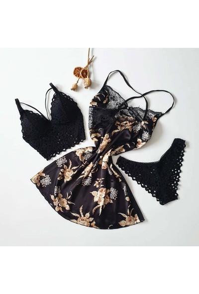 Çeyize Dair Herşey Black 3 Lü Saten Gecelik ve Sütyen Set 5869 Çeyize Dair Herşey Black 3 Lü Saten Gecelik ve Sütyen Set 5869