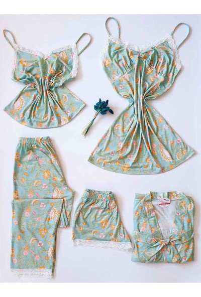 Çeyize Dair Herşey Yeşil Etnik Desenli Sabahlıklı Şortlu 5 Li Pijama Seti 5939 Çeyize Dair Herşey Yeşil Etnik Desenli Sabahlıklı Şortlu 5 Li Pijama Seti 5939