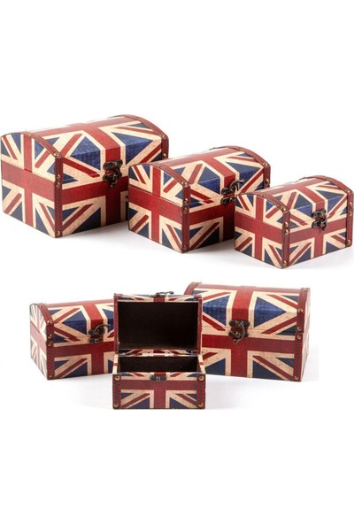Dünyadan Hediyeler Dekoratif Ahşap Üçlü Takı Kutusu Ingiltere Bayrağı Temalı