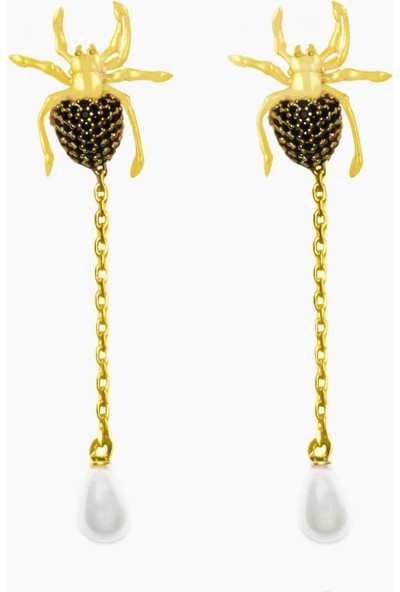 Altın Kaplama Örümcek Figürlü Sallantılı Inci Bayan Küpe