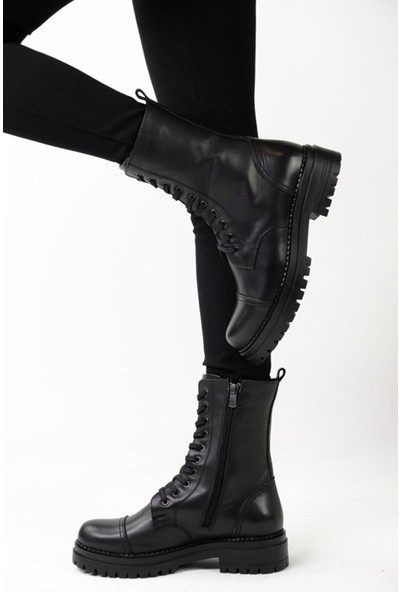 Der Collection Hakiki Deri Siyah Kadın Deri Bot