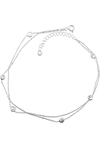 Gumush Gümüş Çift Zincirli Beyaz Taşlı Halhal Gumush Gümüş Çift Zincirli Beyaz Taşlı Halhal