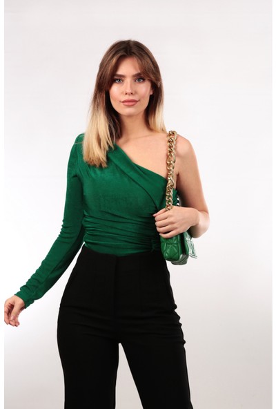 Saye Butik Yeşil Tek Omuz Detaylı Bluz