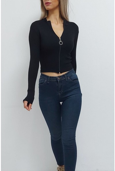 Colezium Fermuarlı Crop Sweatshirt Siyah