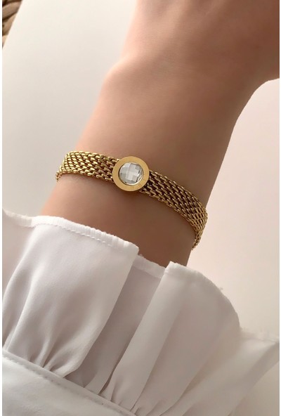 ÇLK Accessories Çelik Kristal Taşlı Roma Rakam Hasır Zincir Çelik Bileklik TRBILEK7833 YB37503