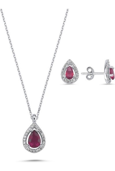 Mercan Silver Gümüş Damla Yakut Zirkon Taşlı Tektaş Set Mercan Silver Gümüş Damla Yakut Zirkon Taşlı Tektaş Set