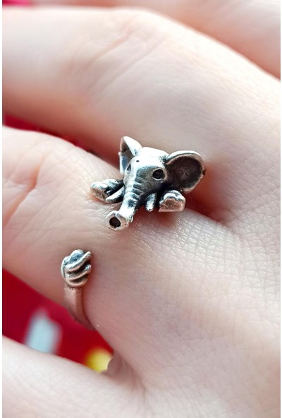 Fildişi Aksesuar Antik Gümüş Kaplama Küçük Fil Şekilli El Yapımı Ayarlanabilir Kadın Yüzük