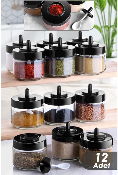 Adissa 12 Adet Kapağı Kendinden Kaşıklı Baharatlık Seti - 200 ml - Cam Kavanoz
