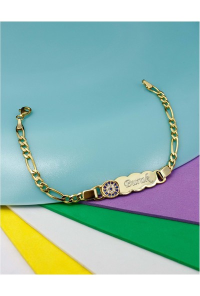 Else Silver Figaro Zincirli Mavi Nazarlı Gümüş Isimli Çocuk Bilekliği