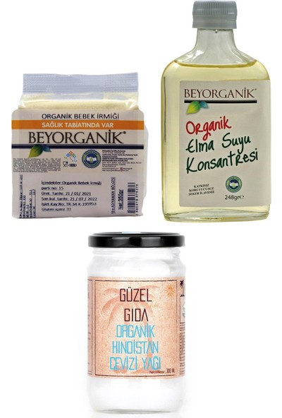 Beyorganik Organik Bebek Irmiği 350G - Elma Suyu Konsantresi 248 G - Güzel Gıda Hindistan Cevizi Yağı 300 Ml. Beyorganik Organik Bebek Irmiği 350G - Elma Suyu Konsantresi 248 G - Güzel Gıda Hindistan Cevizi Yağı 300 Ml.