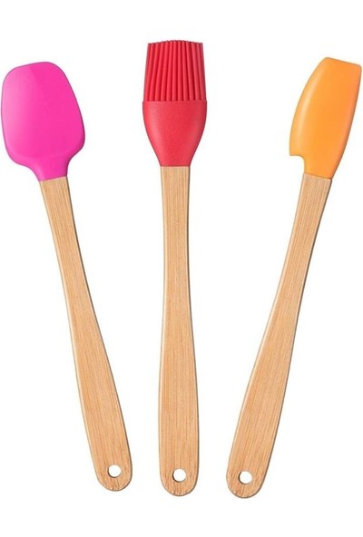 Valletta Indigo 3'lü Renkli Bambu Saplı Silikon Uçlu Spatula Fırçalı Kaşık Seti