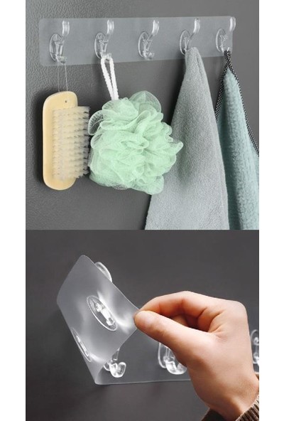 Turkish A2Z Kendinden Yapışkanlı Şeffaf Güçlü 5 Kancalı Kapı Duvar Askısı 35X7 cm