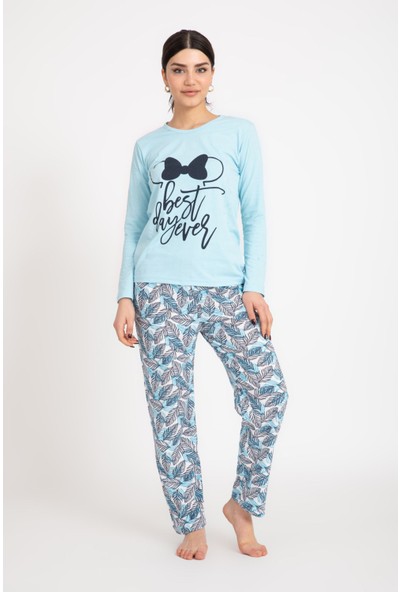 Pemilo Kadın 3729 Uzun Kol Desenli Pijama Takımı Mavi
