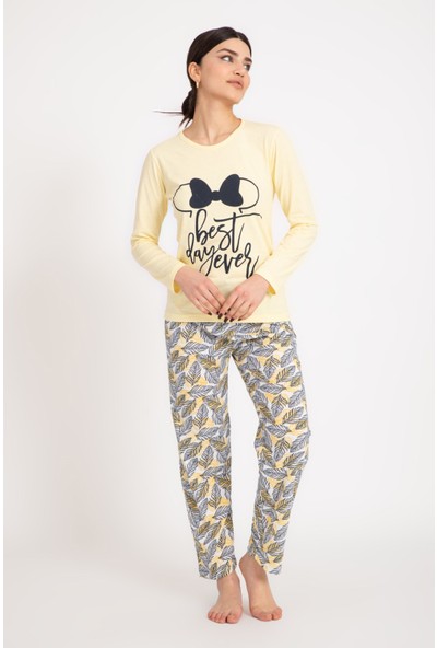 Pemilo Kadın 3729 Uzun Kol Desenli Pijama Takımı Sarı