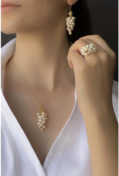Birinci1926 925 Ayar Sarı Gümüş İnci Üzüm Model Bayan Set