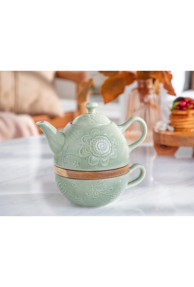 English Home Floral Poem Stoneware Demlık Seti 350 ml + 250 ml Yeşil