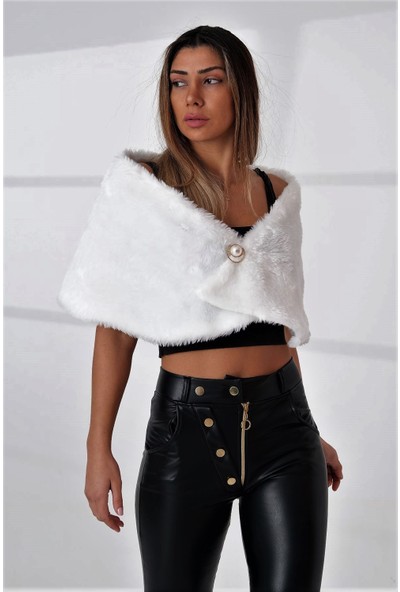 Keyifli Moda Kadın Beyaz Kürk Broşlu Etol Şal Bolero Keyifli Moda Kadın Beyaz Kürk Broşlu Etol Şal Bolero