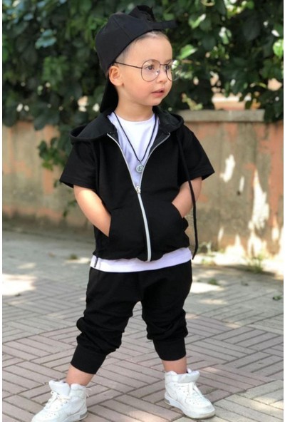 Riccotarz Erkek Çocuk Kapüşonlu Kısa Kol Yelekli ve Şapkalı Siyah Eşofman Takım