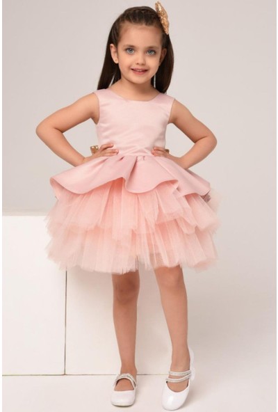 Riccotarz Kız Çocuk Katkat Tül Etekli ve Pulpayet Fiyonklu Sırt Dekolteli Pembe Abiye