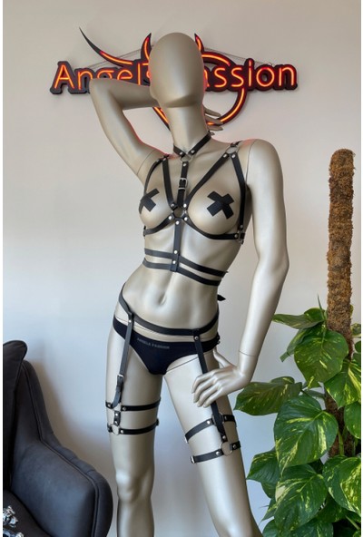 Angels Passion Siyah Deri Fantezi Jartiyer Harness Takım