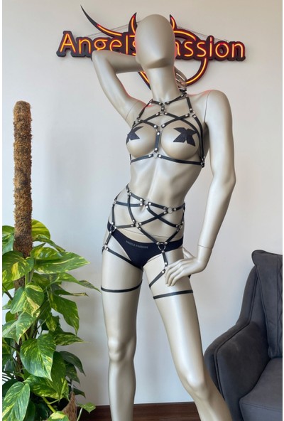 Angels Passion Siyah Deri Jartiyer ve Büstiyer Harness Angels Passion Siyah Deri Jartiyer ve Büstiyer Harness