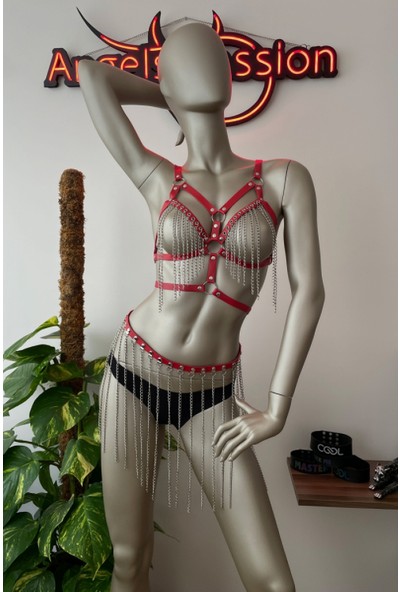 Angels Passion Zincirli Seksi Kırmızı Fantezi Deri Takım