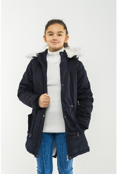 Pina Kids Haki Yeşil Kapüşonlu Kız Çocuk Uzun Mont