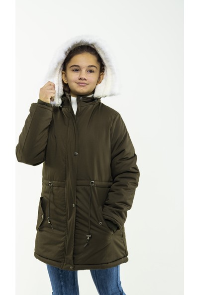 Pina Kids Haki Yeşil Kapüşonlu Kız Çocuk Uzun Mont