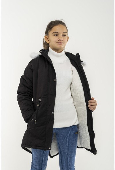 Pina Kids Haki Yeşil Kapüşonlu Kız Çocuk Uzun Mont