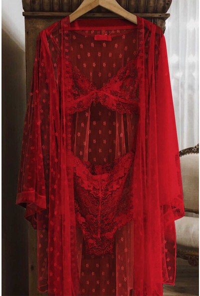 Pembishomewear Jeyna Dantel Kırmızı 3 Lü Sabahlık Set Pembishomewear Jeyna Dantel Kırmızı 3 Lü Sabahlık Set