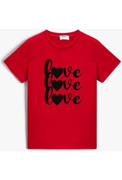 Koton Kız Çocuk Baskılı Kısa Kollu Tişört Pamuklu Bisiklet Yaka - Kırmızı