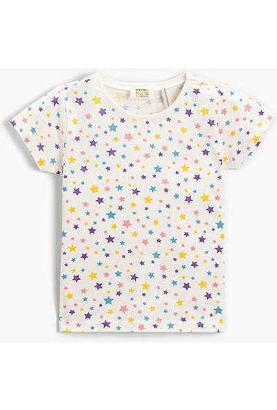 Koton Kız Çocuk Yıldız Baskılı Kısa Kollu Tişört Pamuklu Bisiklet Yaka