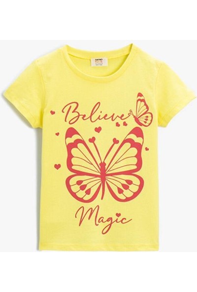 Koton Kız Çocuk Kelebek Baskılı Kısa Kollu Tişört Pamuklu Bisiklet Yaka
