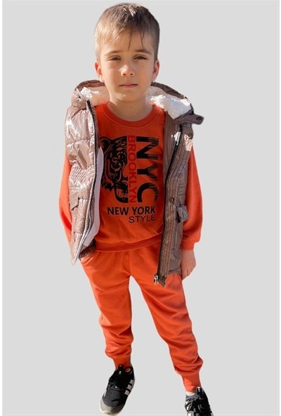 Kapüşonlu Erkek Çocuk Sıcacık Pamuklu Uzun Kollu Sweatli Doğal Üçlü Takım