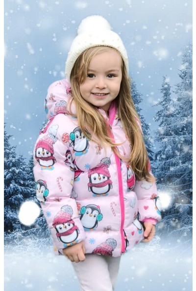 Freemen Penguen Dıgıtal Baskılı, Şişme, Iç Polarlı, Kapüşonlu Kız Çocuk Montu DCM-101