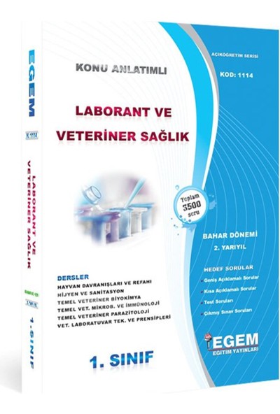 Egem Yayınları AÖF Laborant ve Veteriner Sağlık 1.. Sınıf 2. Yarıyıl Bahar Dönemi Konu Anlatımlı Soru Bankası (Ciltli)