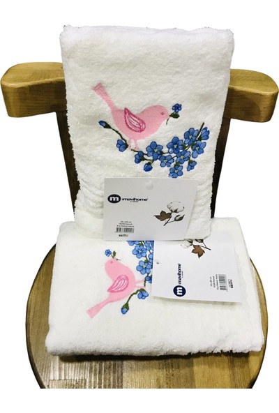 Mf Mavi Home Collection Kuş Desenli Beyaz El/yüz Havlusu Pamuk