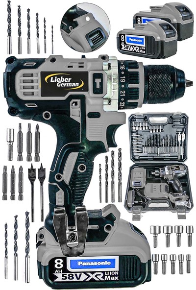Lieber German 58 Volt 8 Amper Darbeli Çelik Mandrenli Çelik Şanzumanlı Çift Akülü Tam Profesyonel Metal Şanzumanlı Şarjlı Darbeli Matkap Lieber German 58 Volt 8 Amper Darbeli Çelik Mandrenli Çelik Şanzumanlı Çift Akülü Tam Profesyonel Metal Şanzumanlı Şarjlı Darbeli Matkap