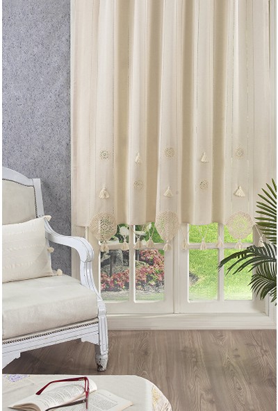 Floretta Ajurlu Ponponlu Dantelli Keten Perde PR033 150X100