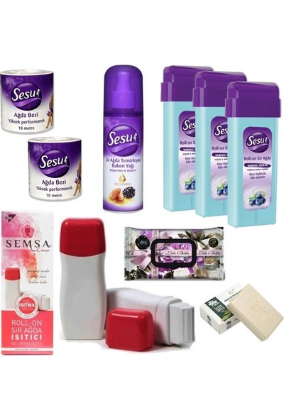Sesu Roll-On Ağda Mavi 3 Adet + Bez 2 Adet + Isıtıcı + Temizleme Mendili + Bakım Yağı+ Sabun Sesu Roll-On Ağda Mavi 3 Adet + Bez 2 Adet + Isıtıcı + Temizleme Mendili + Bakım Yağı+ Sabun
