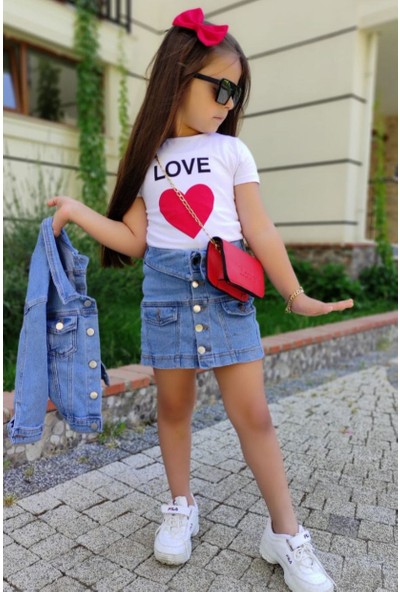 Nisay Kids Kız Çocuk Kot Ceket Etek Tişört Çanta ve Şapka Modelli Toka Nisay Kids Kız Çocuk Kot Ceket Etek Tişört Çanta ve Şapka Modelli Toka