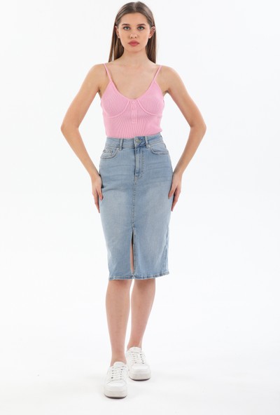 Bafer Moda Midi Boy Yırtmaçlı Buz Mavi Denim Etek