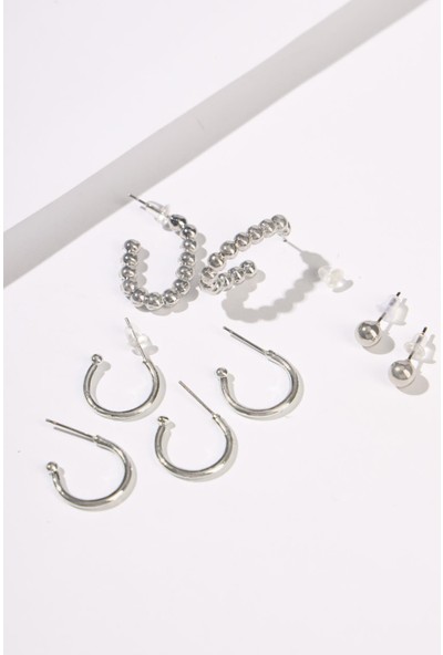 New Obsessions 8'li Rodyum Kaplama Gümüş Rengi Jatibonico Küpe Seti