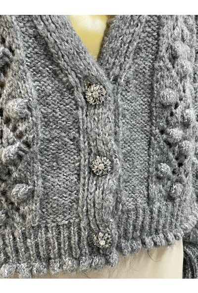 Dilvin V Yaka Kolevi Pileli Taş Düğmeli Hırka -T2990