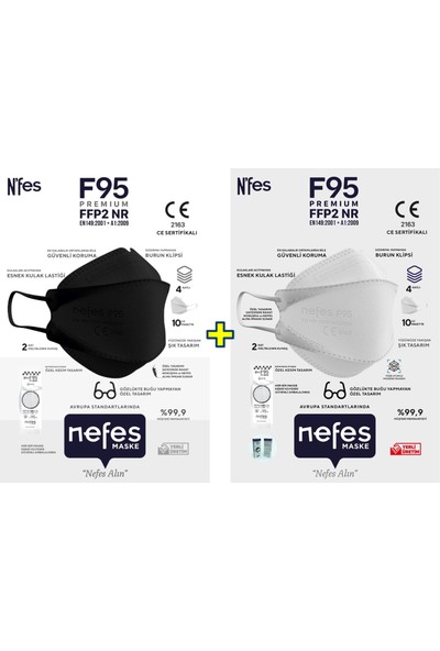 Nefes F95 (N95) Ffp2 Maske Siyah ve Beyaz Bir Arada 20'li Nefes F95 (N95) Ffp2 Maske Siyah ve Beyaz Bir Arada 20'li