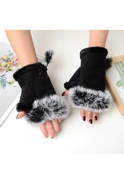 Ci&Or Tavşan Tüylü Yarım Parmak Suni Deri Çok Şık Eldiven
