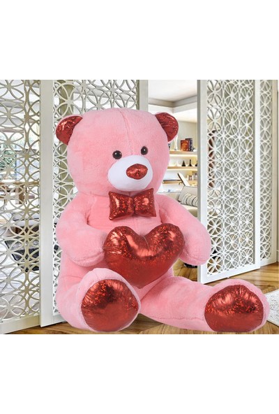 Sole 160 cm Işıltılı Kırmızı Papyonlu, Kalp Tutan Peluş Ayı Sevgiliye Özel Seri Hediye