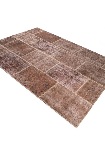 Halıcızade Kahverengi Etnik Tasarım Patchwork Desenli Pamuk, Yün El Dokuma Halı